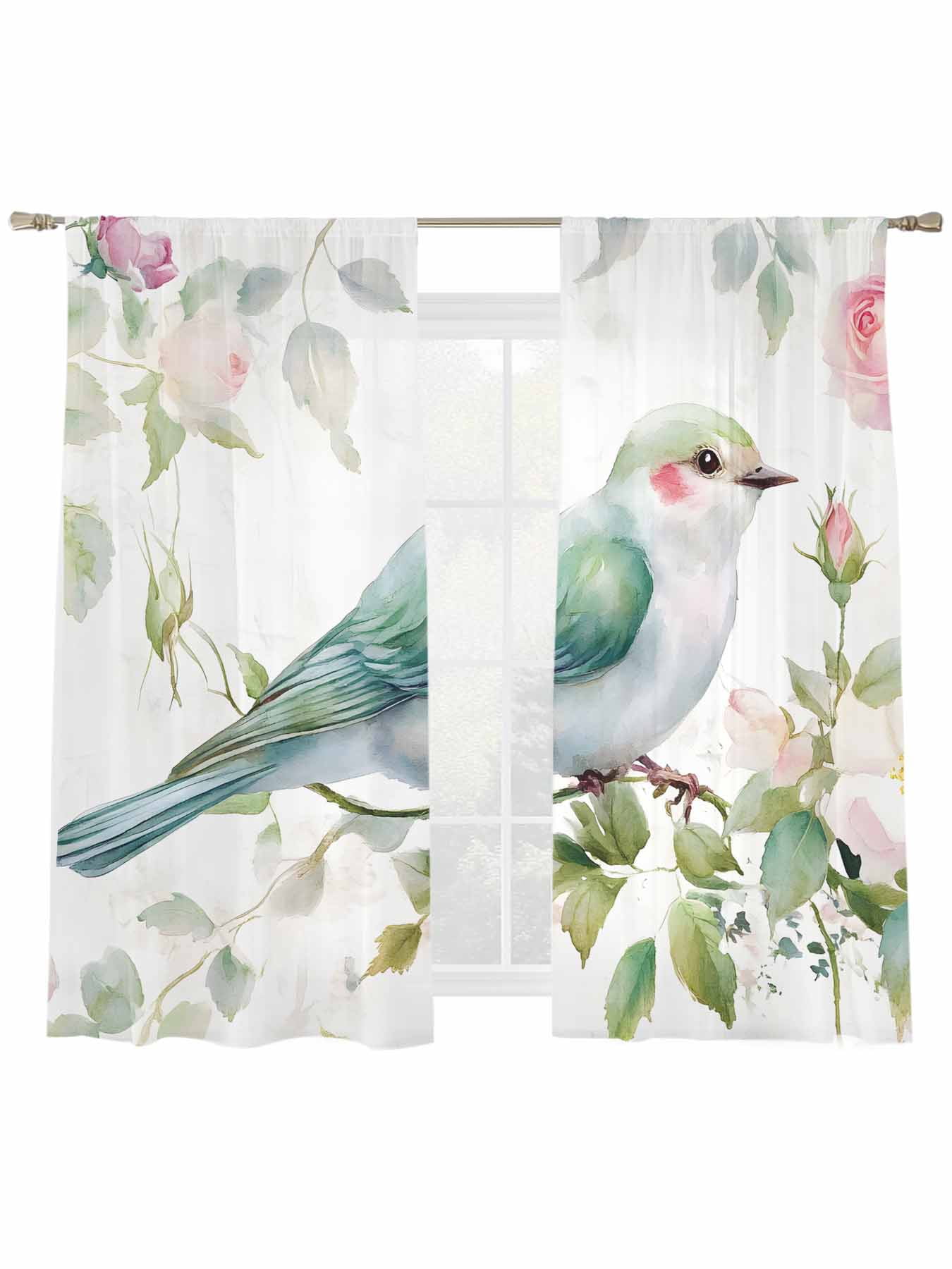 Bird Sheer Curtains 2 Panels Set Spring Flower Sheer Window Curtains ...