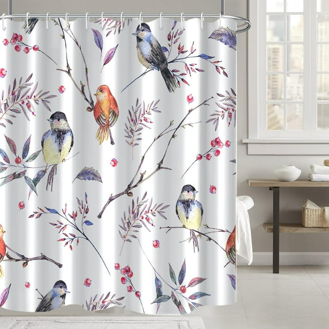 Bird Shower Curtain with Hooks Colorfur Cheery Birds on Tree Branch ...