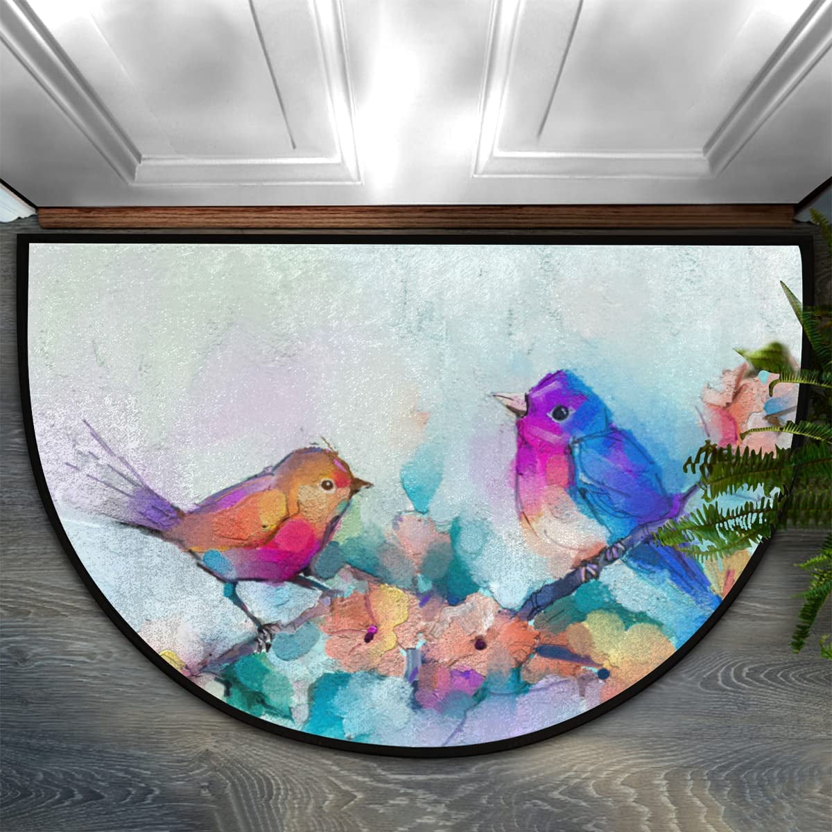 Bird & Spring Flower Art Half Round Door Mat Half Circle Area Rug ...
