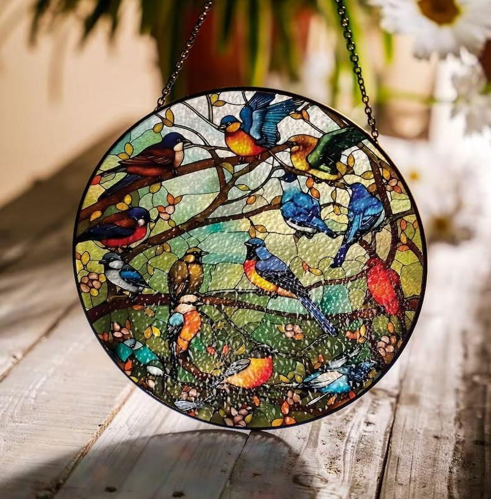 Bird Stained Glass Suncatcher, Floral Wreath Sign, Bird Suncatcher ...