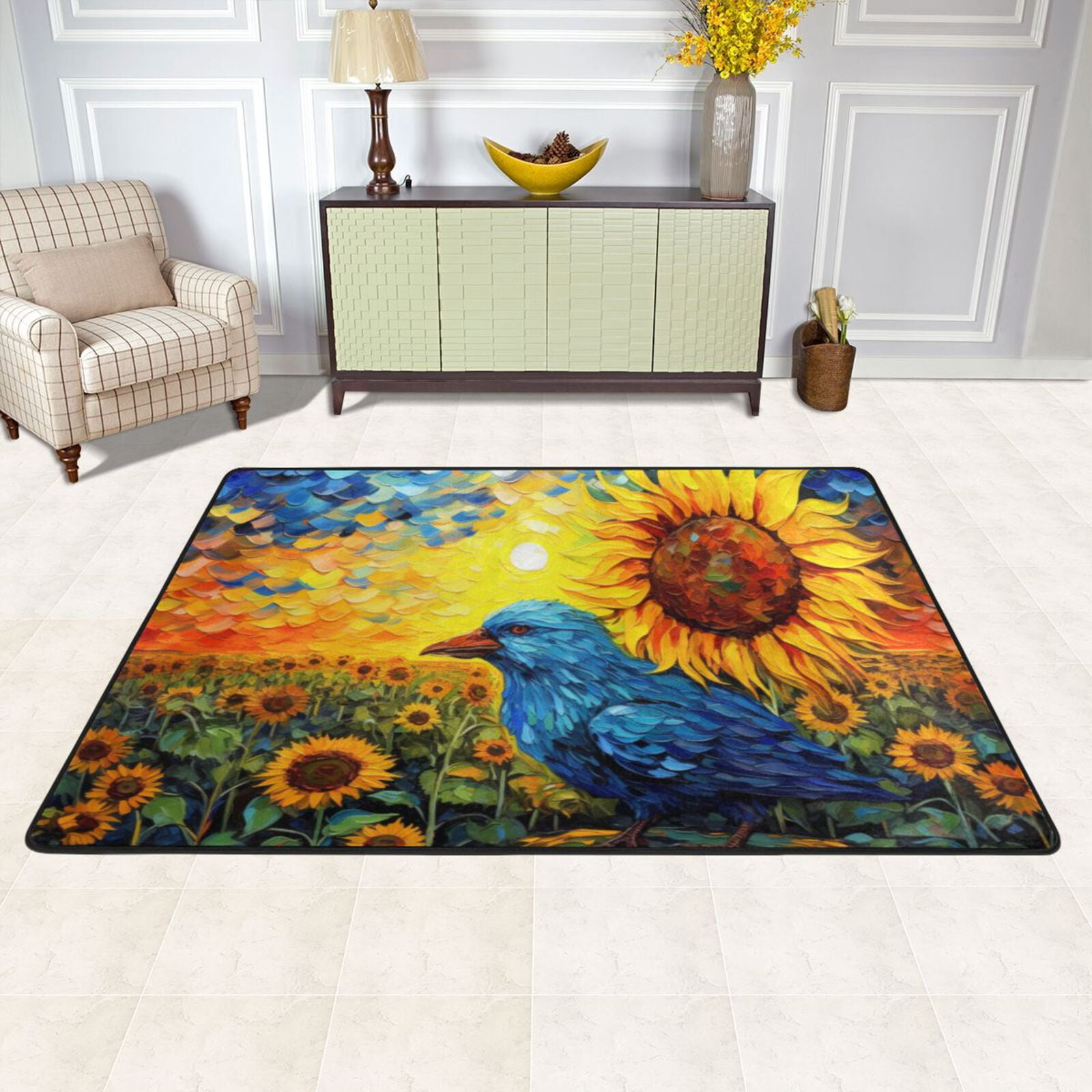 Bird Sunflowers Sun Area Rug Washable 72 x 48 Floor Carpet Mat Non Slip ...