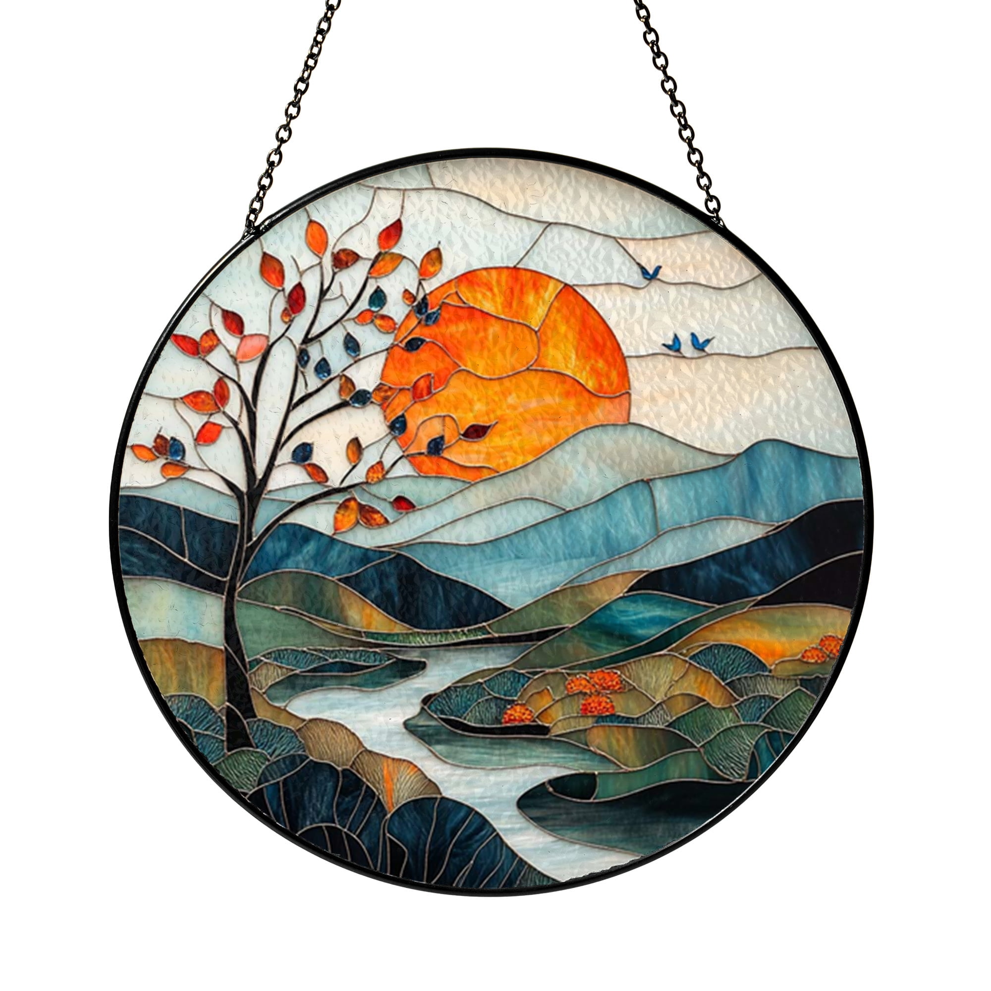 Bird Sunset Landscape Stained Glass Suncatcher, Blue and Orange Nature ...