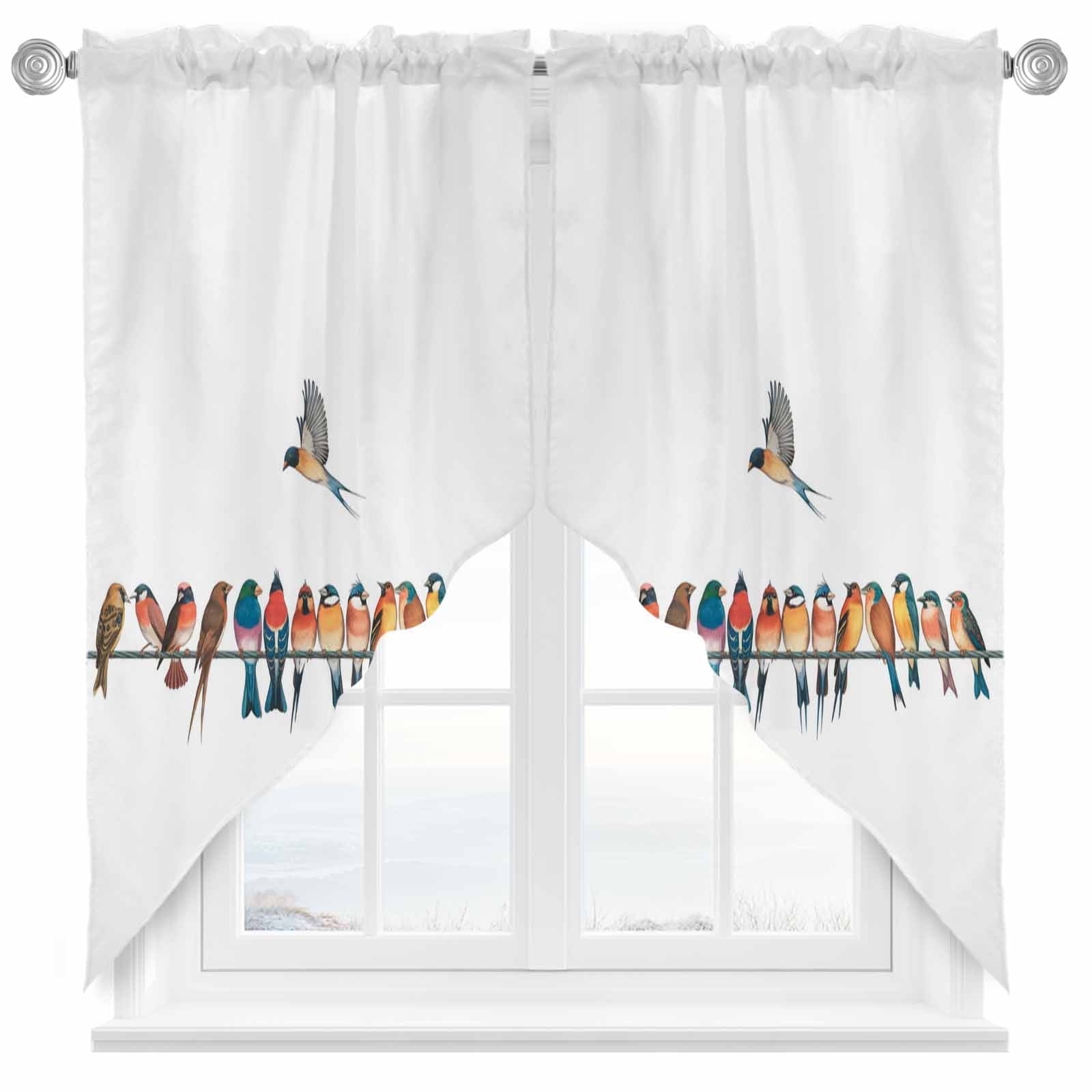 Bird Swag Curtains Row Of Birds Vintage Watercolor Kitchen Swag Valance ...