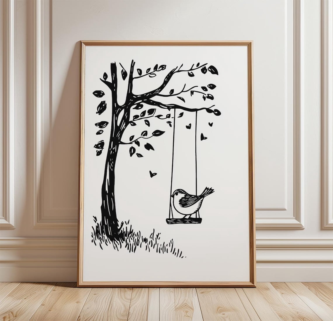 Bird Swing Minimal Line Art Black White Nature Home Wall Decor Unframed ...