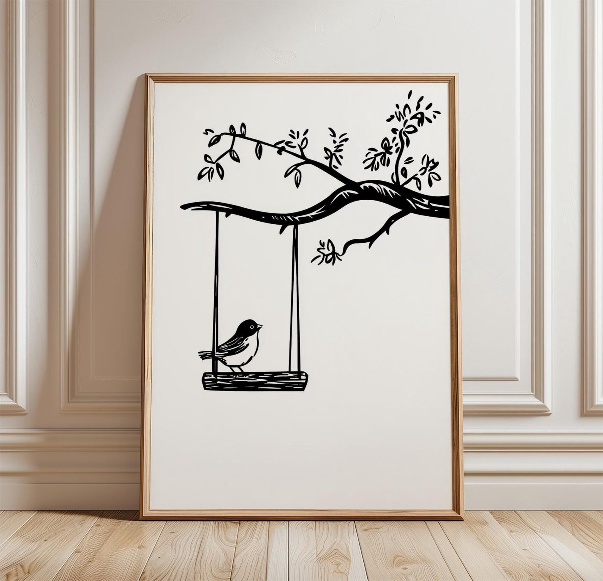 Bird Swing Poster Minimal Line Art Print Black White Nature Wall Decor ...