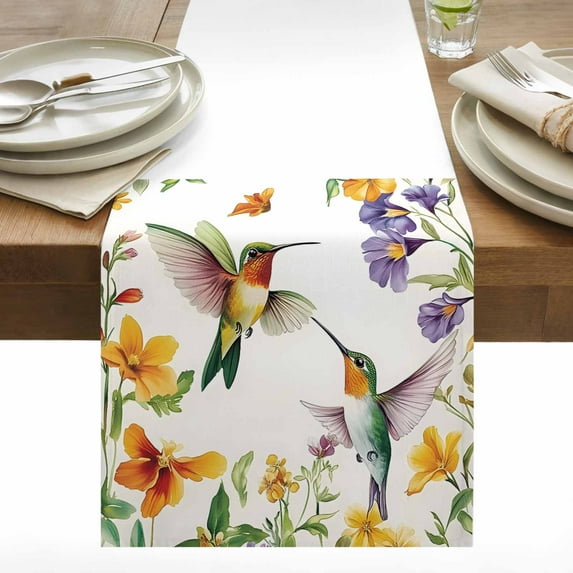 Bird Table Runner 13x72 inch Flower Cotton Linen Dining Table Runner ...