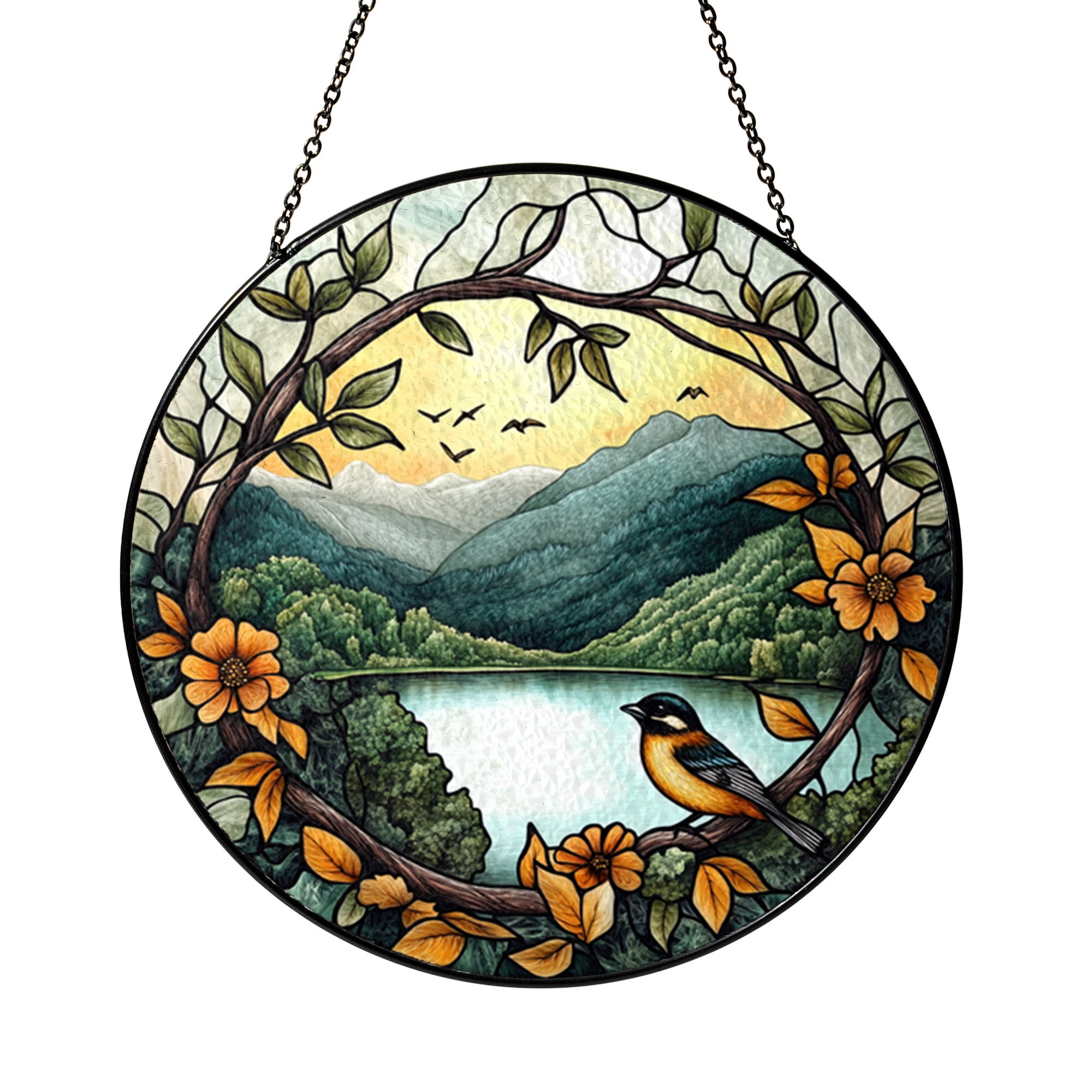 Bird-Themed Stained Glass Style Suncatcher – Round Decorative Window ...