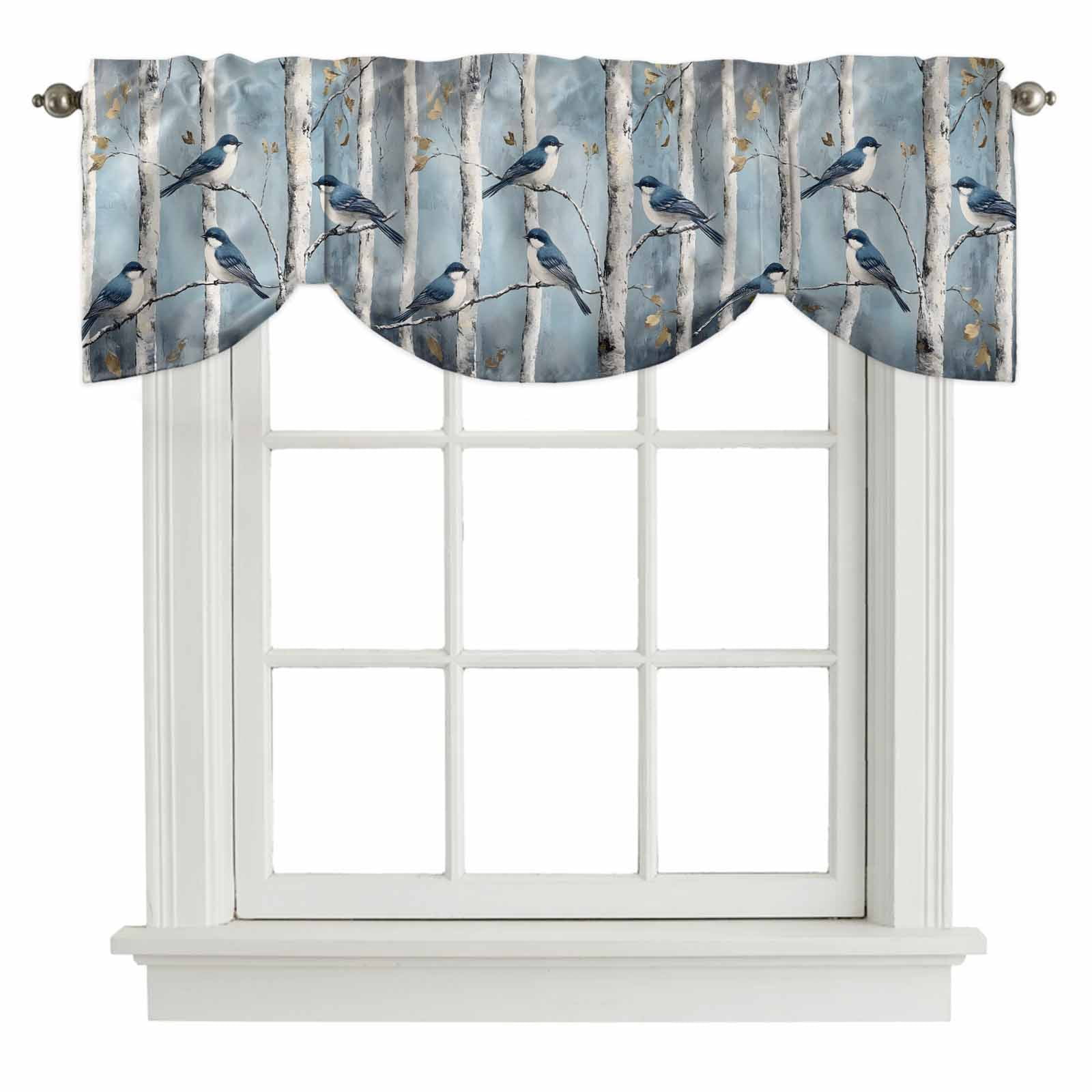 Bird Tie Up Valance for Windows, Birch Tree Adjustable Rod Pocket Tie ...