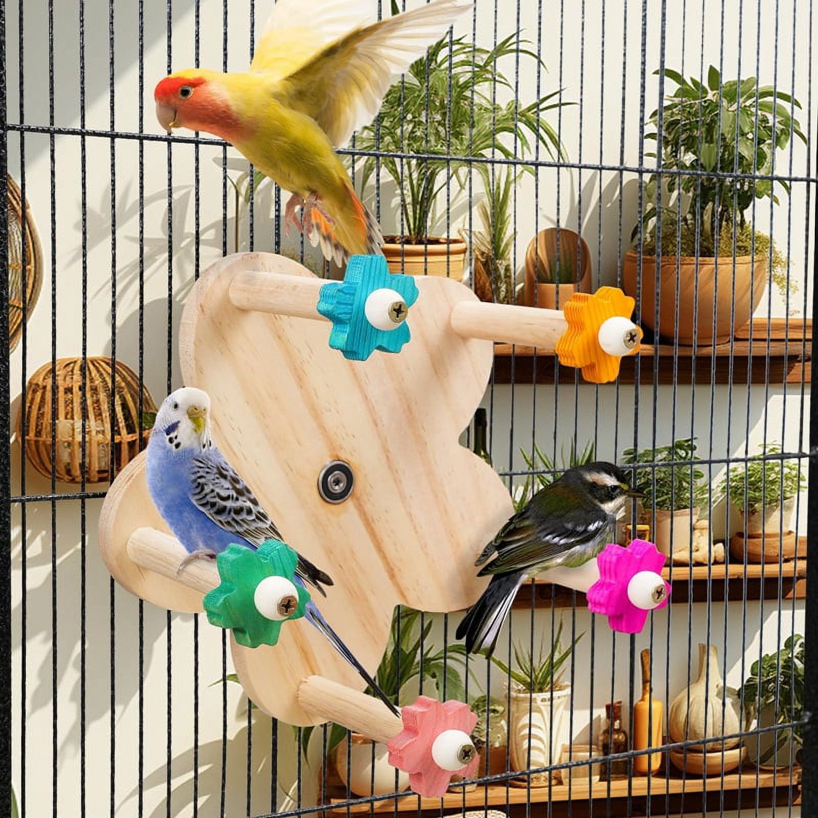 Bird Toy Rotating Perch Toy, Wooden Parrots Wheel Toy with Perches ...