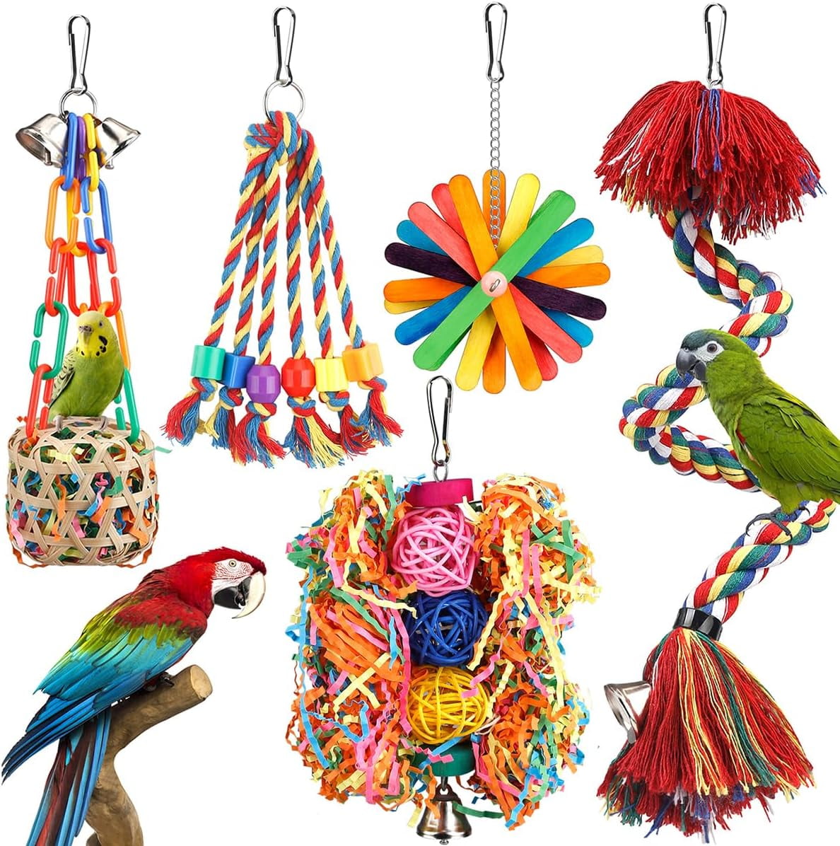Bird Toys Bird Rope Perch with Bell Colorful Bird Chewing Shredding ...