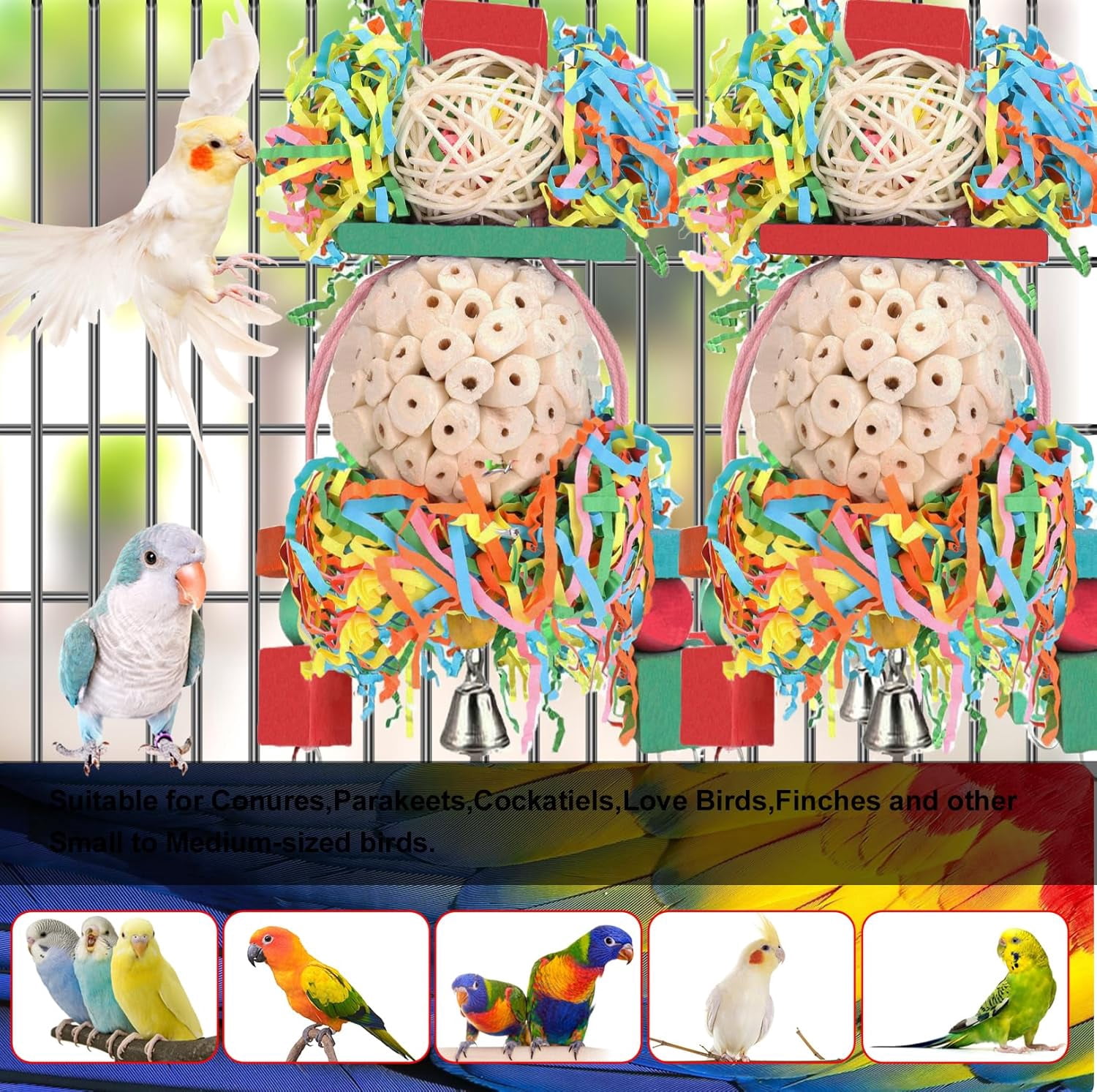 Bird Toys, Hanging Natural Soft Sola Ball Beak Chew Shred Forage Toys ...
