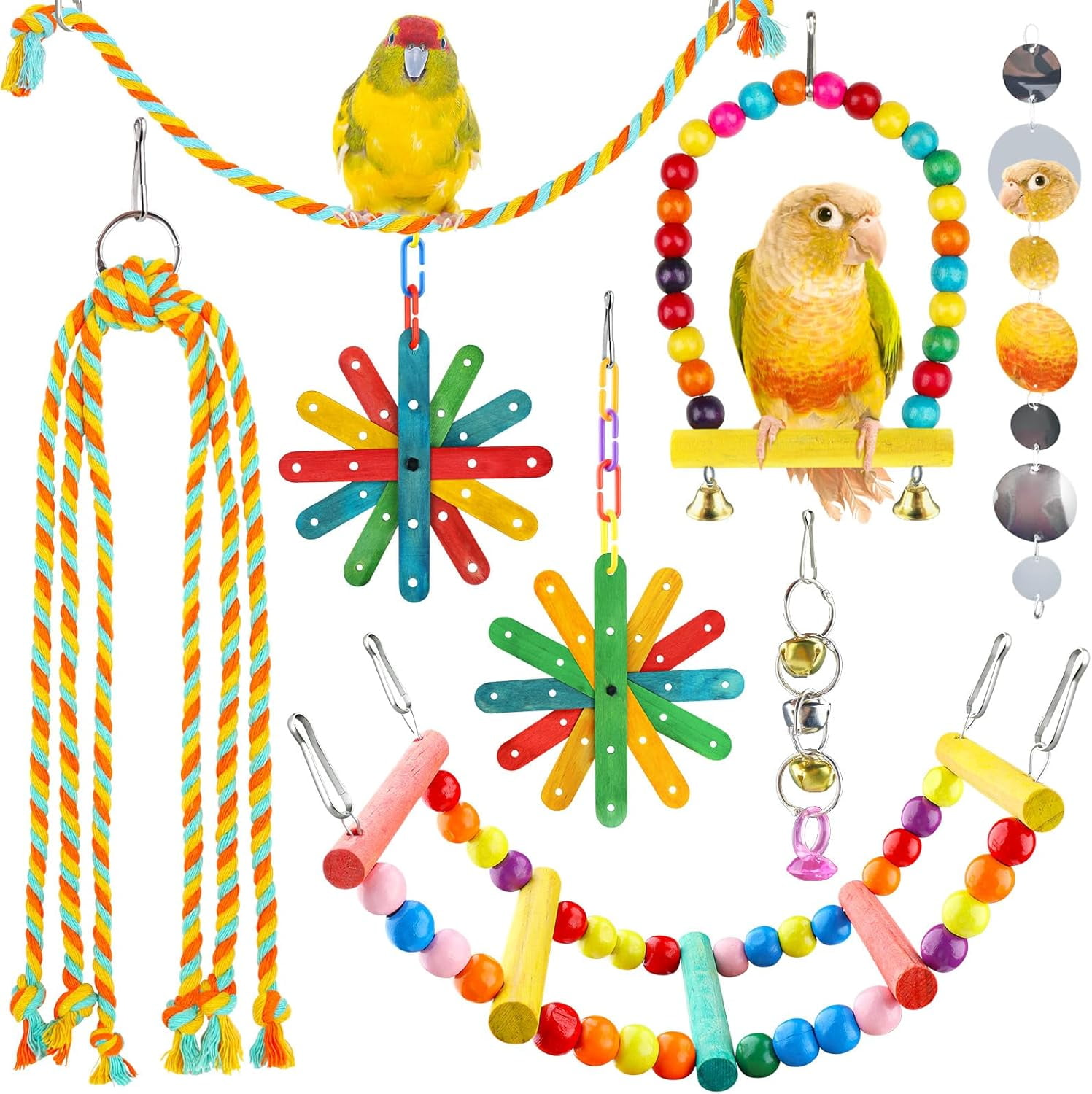Bird Toys with Colorful Ladder Hammock, Cage Accessories, Perch Stand ...