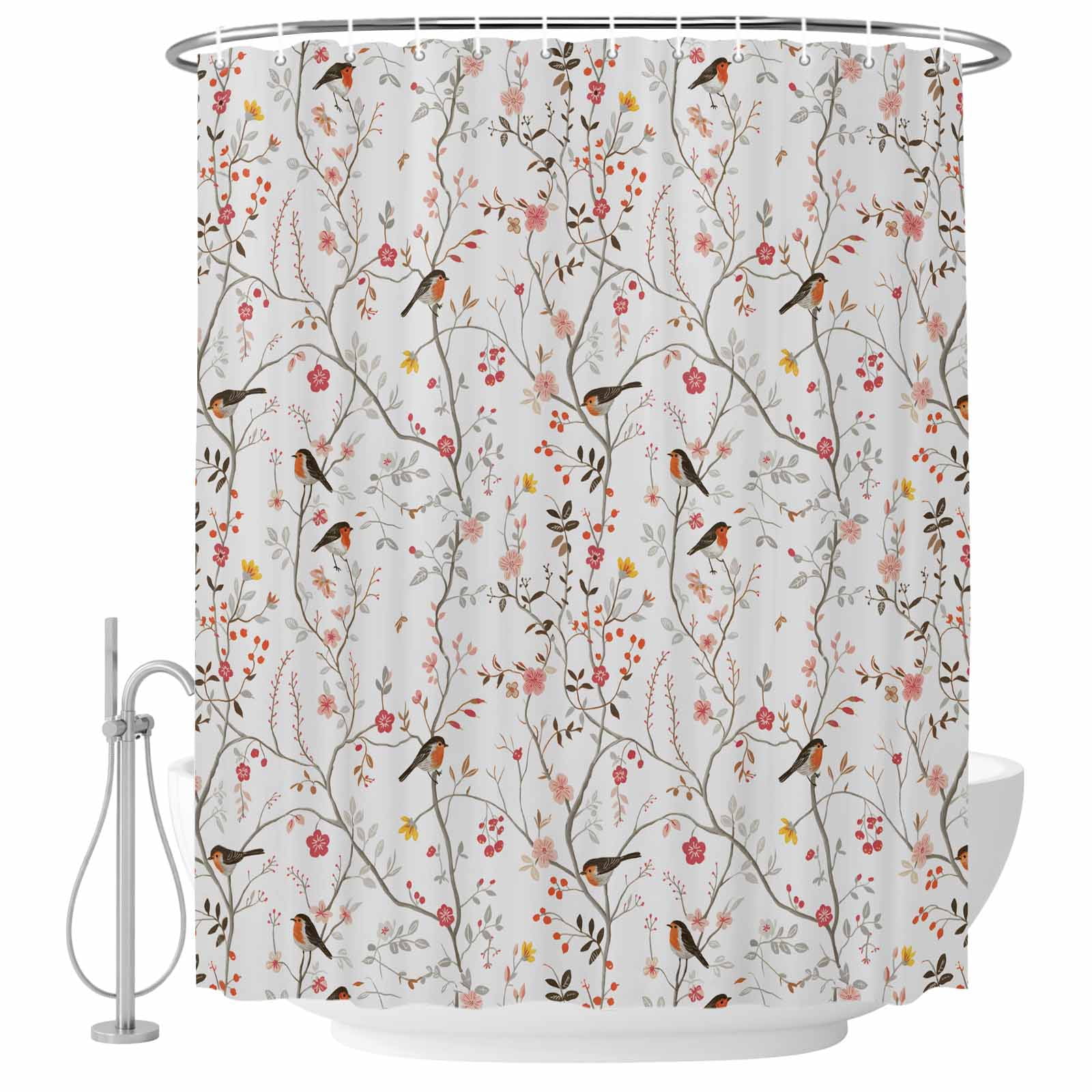 Bird Tree Branch Fabric Shower Curtain Grey Floral Leaves Washable ...