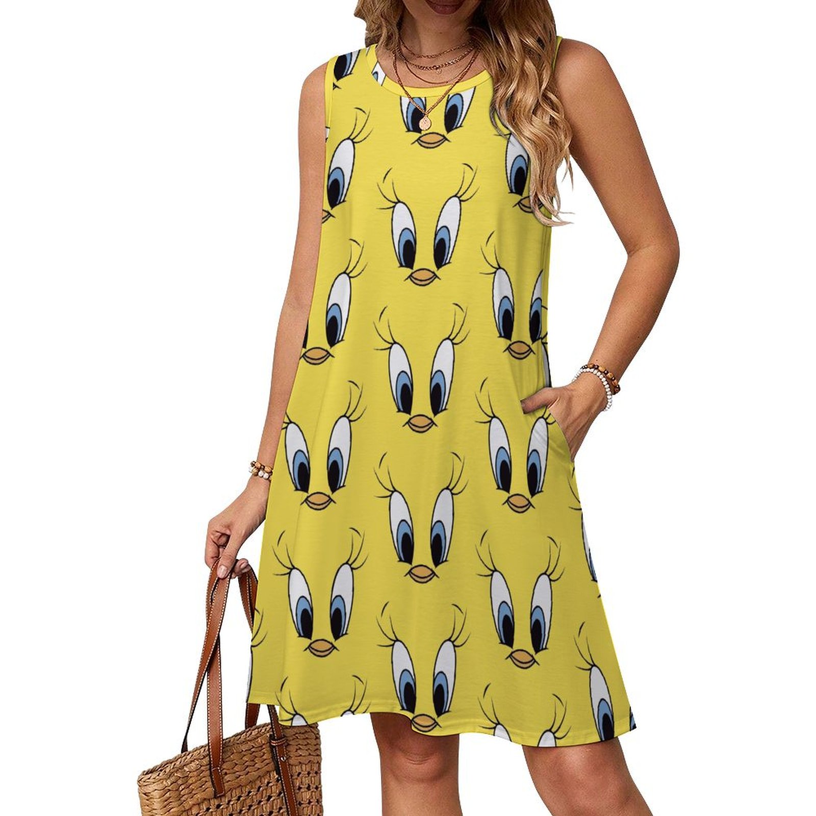 Bird-Tweety Sleeveless Dress For Womens Summer Novelty Sundress Soft ...