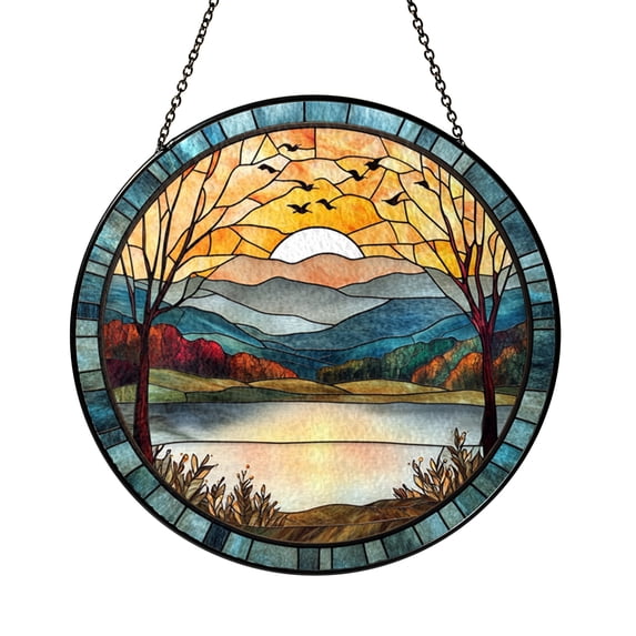 Bird View Wreath Stained Glass Style Suncatcher Round Window Decor ...
