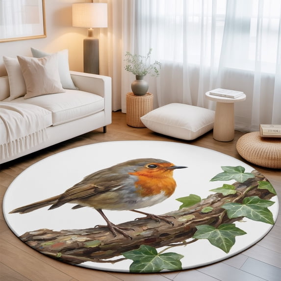 Bird Washable Round Area Rug 6 ft, Ivy Branch Animal Nature, Soft Non ...