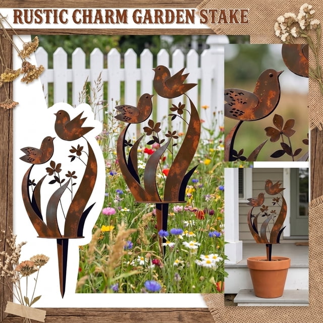 Bird and Wildflower Metal Garden Stake – Two Birds Rustic Garden ...