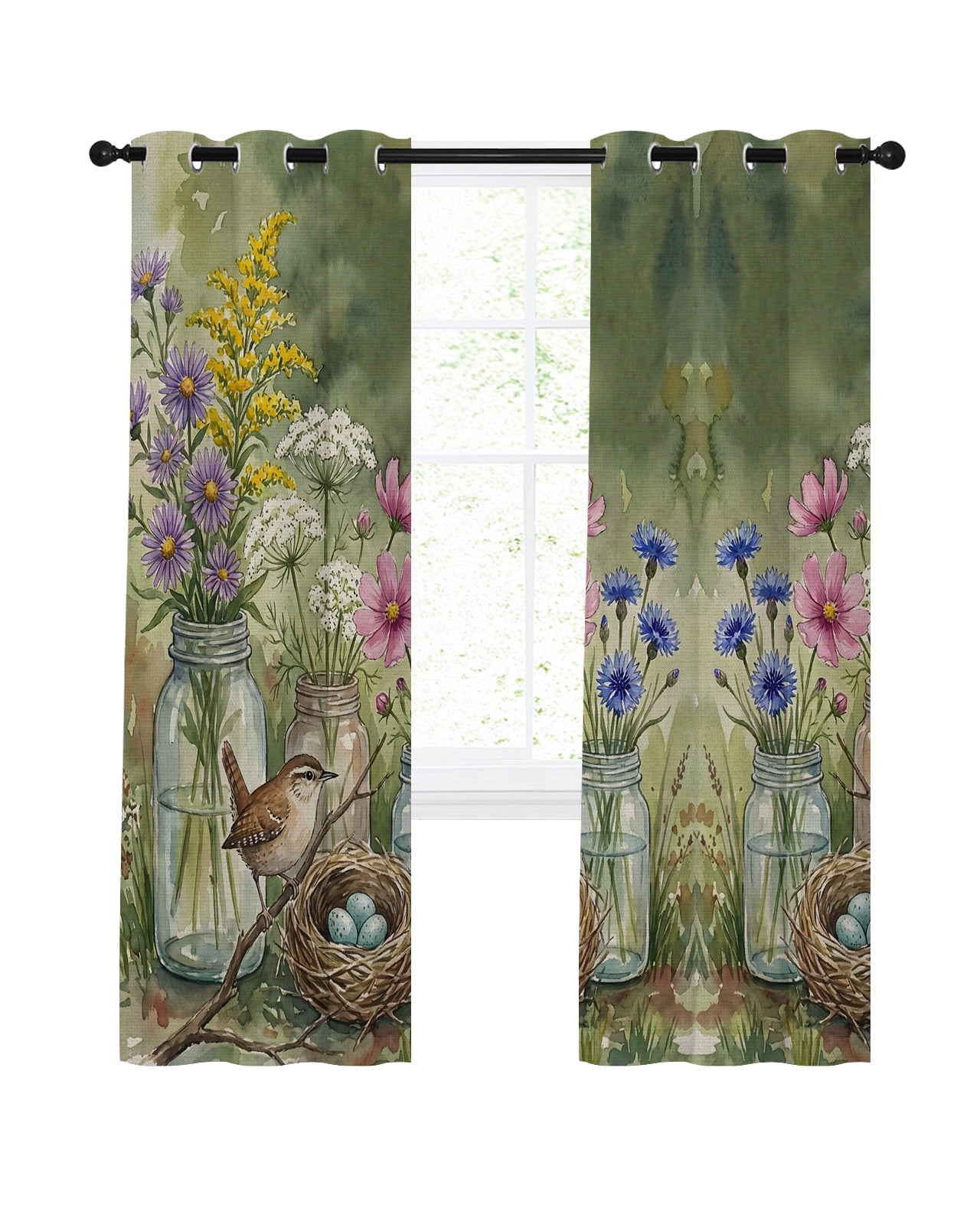 Bird Wildflowers Blackout Curtains for Bedroom Living Room, Glass Jars ...