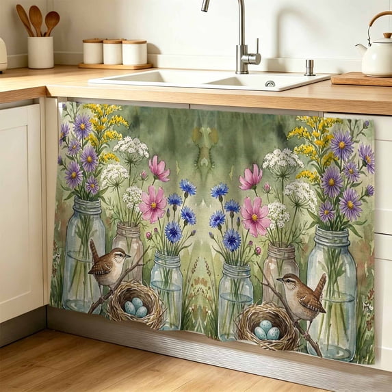 Bird Wildflowers Cabinet Curtain, Glass Jars Bird Nest Pine Branches ...