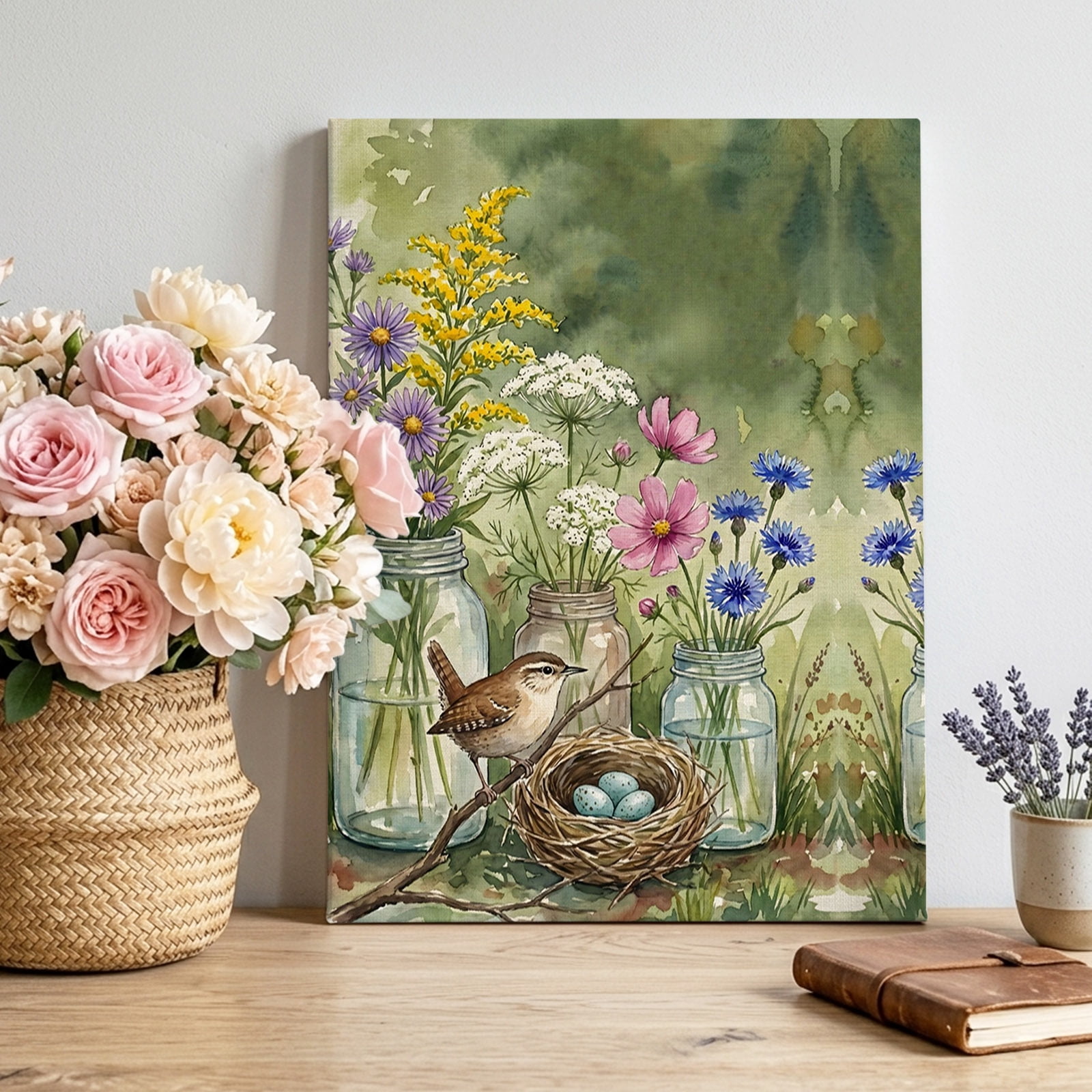 Bird Wildflowers Canvas Wall Art for Living Room, Glass Jars Bird Nest ...