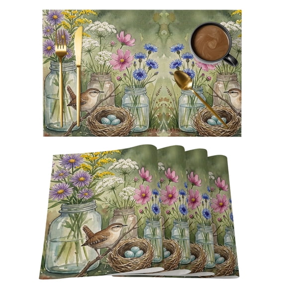 Bird Wildflowers Cotton Linen Placemats Set of 6, Glass Jars Bird Nest ...