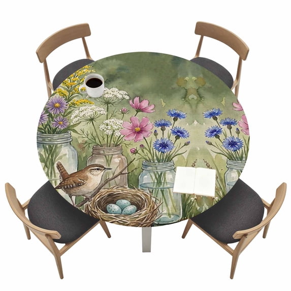 Bird Wildflowers Round Fitted Table Cover Glass Jars Bird Nest Pine ...