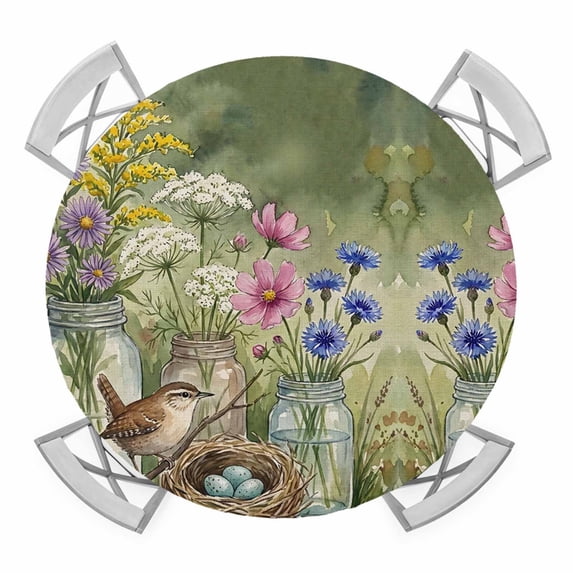 Bird Wildflowers Round Table Cover, Glass Jars Bird Nest Pine Branches ...
