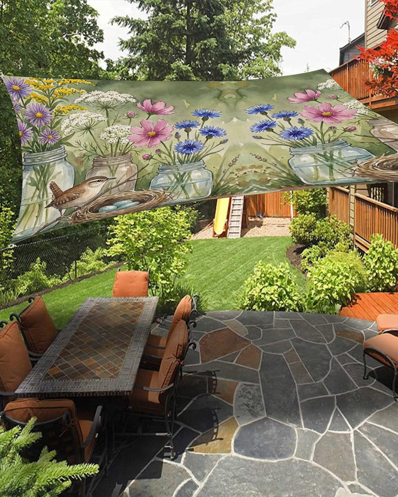 Bird Wildflowers Sun Shade Sail 6.5'X10' Glass Jars Bird Nest Pine ...