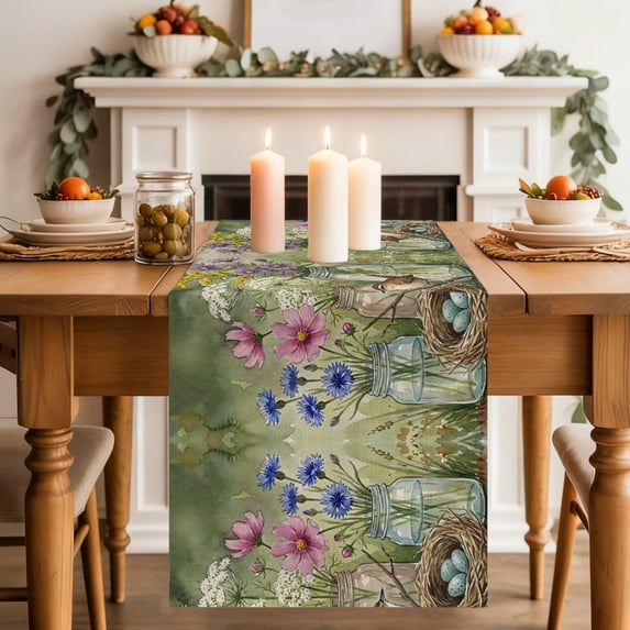 Bird Wildflowers Table Runner 13x60 Inch Glass Jars Bird Nest Pine ...