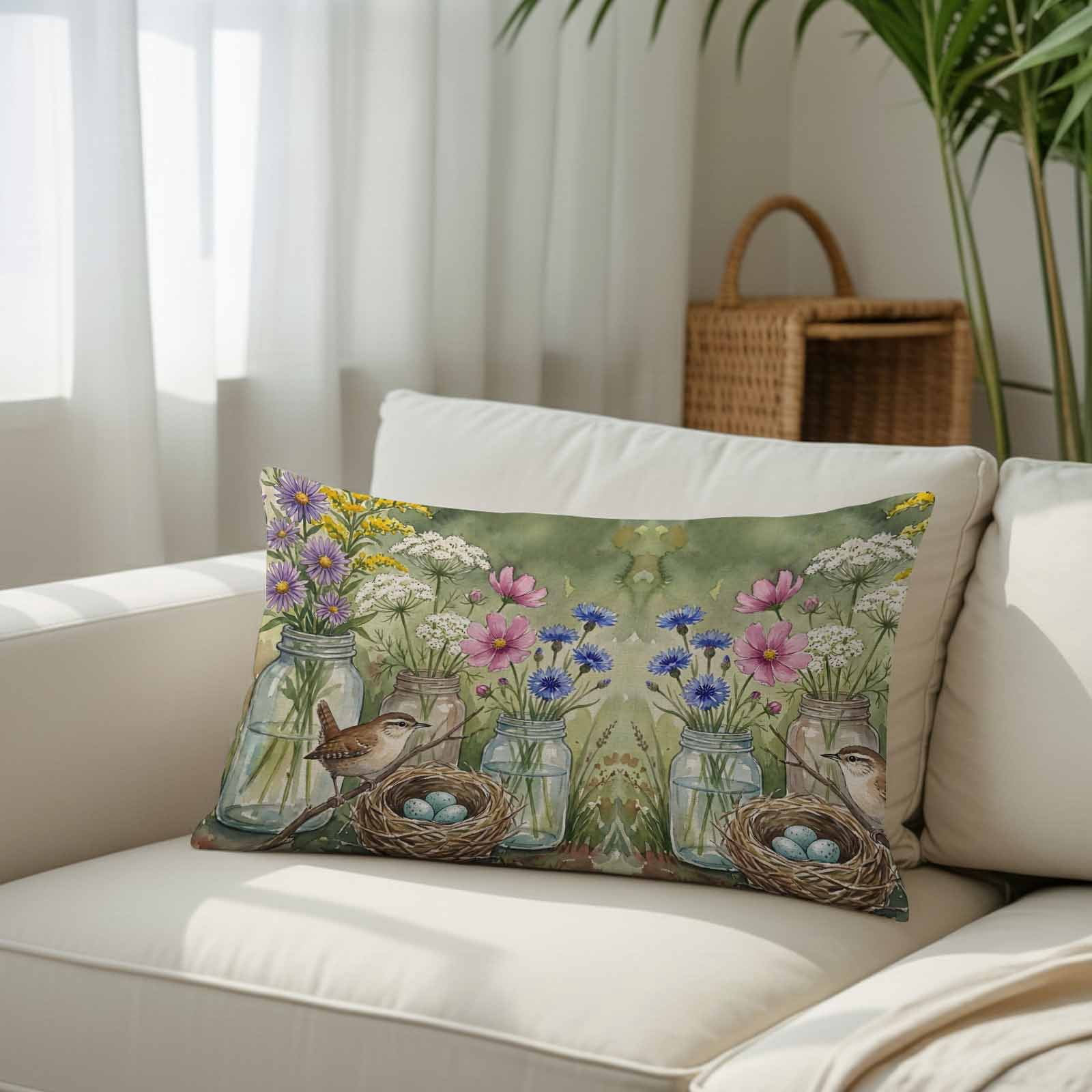 Bird Wildflowers Throw Pillow Covers, Glass Jars Bird Nest Pine ...