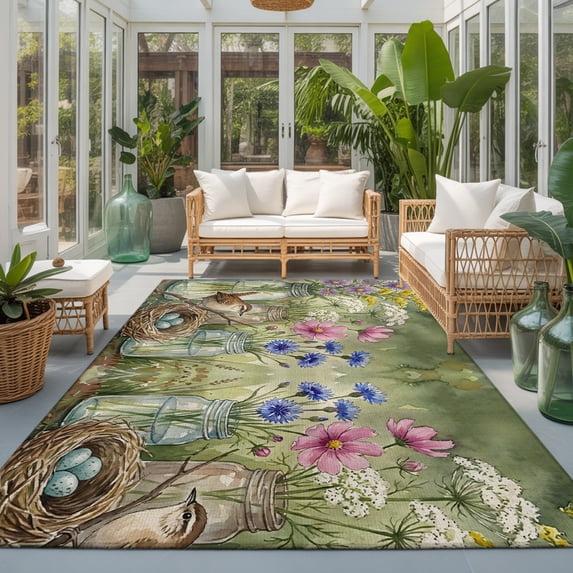Bird Wildflowers Washable Living Room Rugs 6'x9', Glass Jars Bird Nest ...