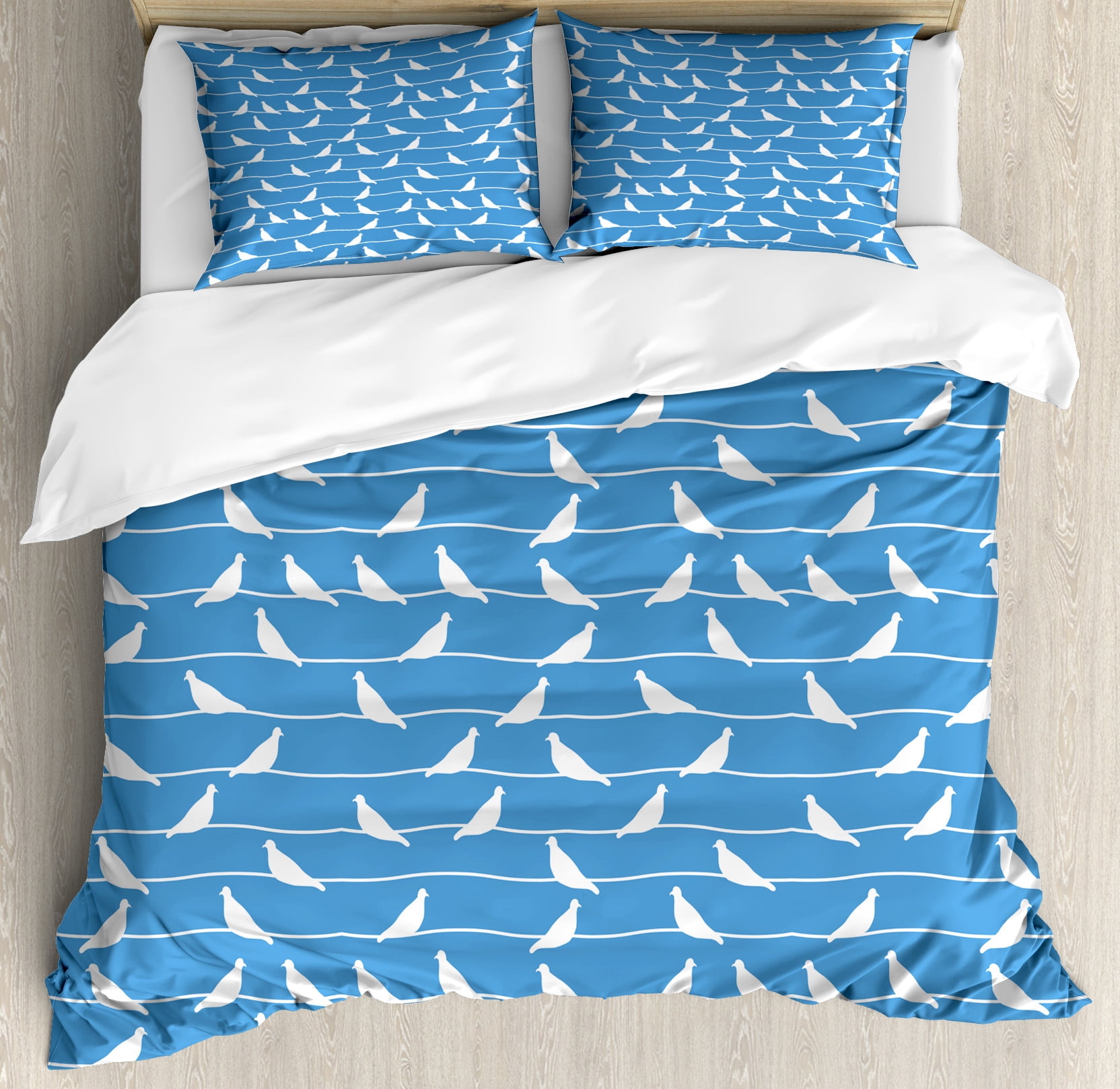 Bird on a Wire Duvet Cover Set, Continuous Monochromatic Silhouettes of ...