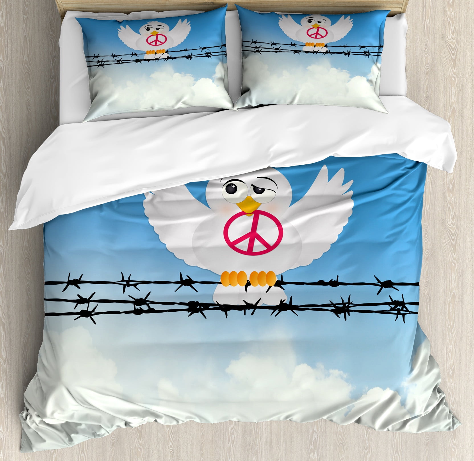 Bird on a Wire Duvet Cover Set, Inspirational Cartoon Style Winged ...