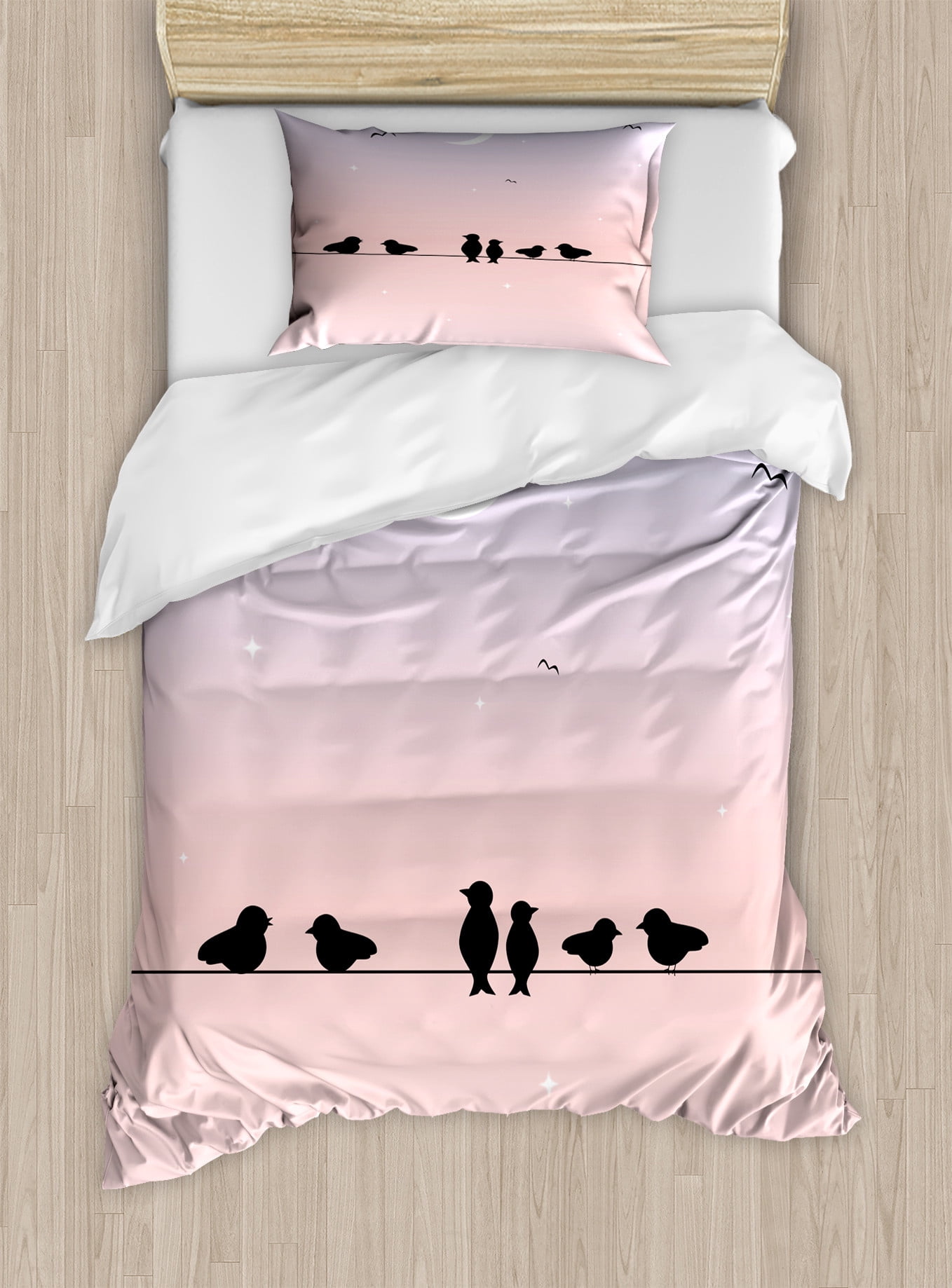 Bird on a Wire Duvet Cover Set, Silhouettes of Moon in a Pastel Tone ...