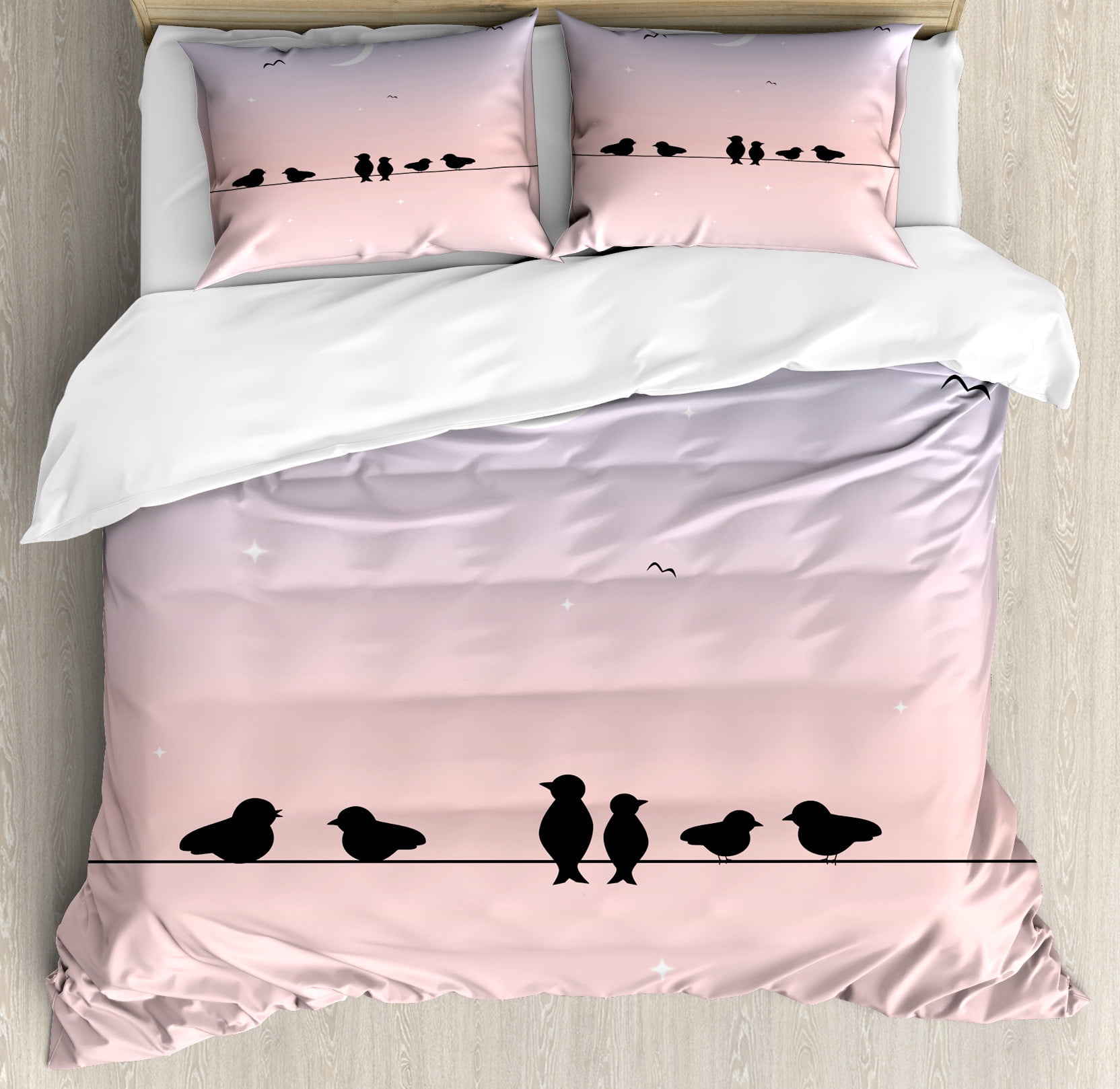 Bird on a Wire Duvet Cover Set, Silhouettes of Moon in a Pastel Tone ...