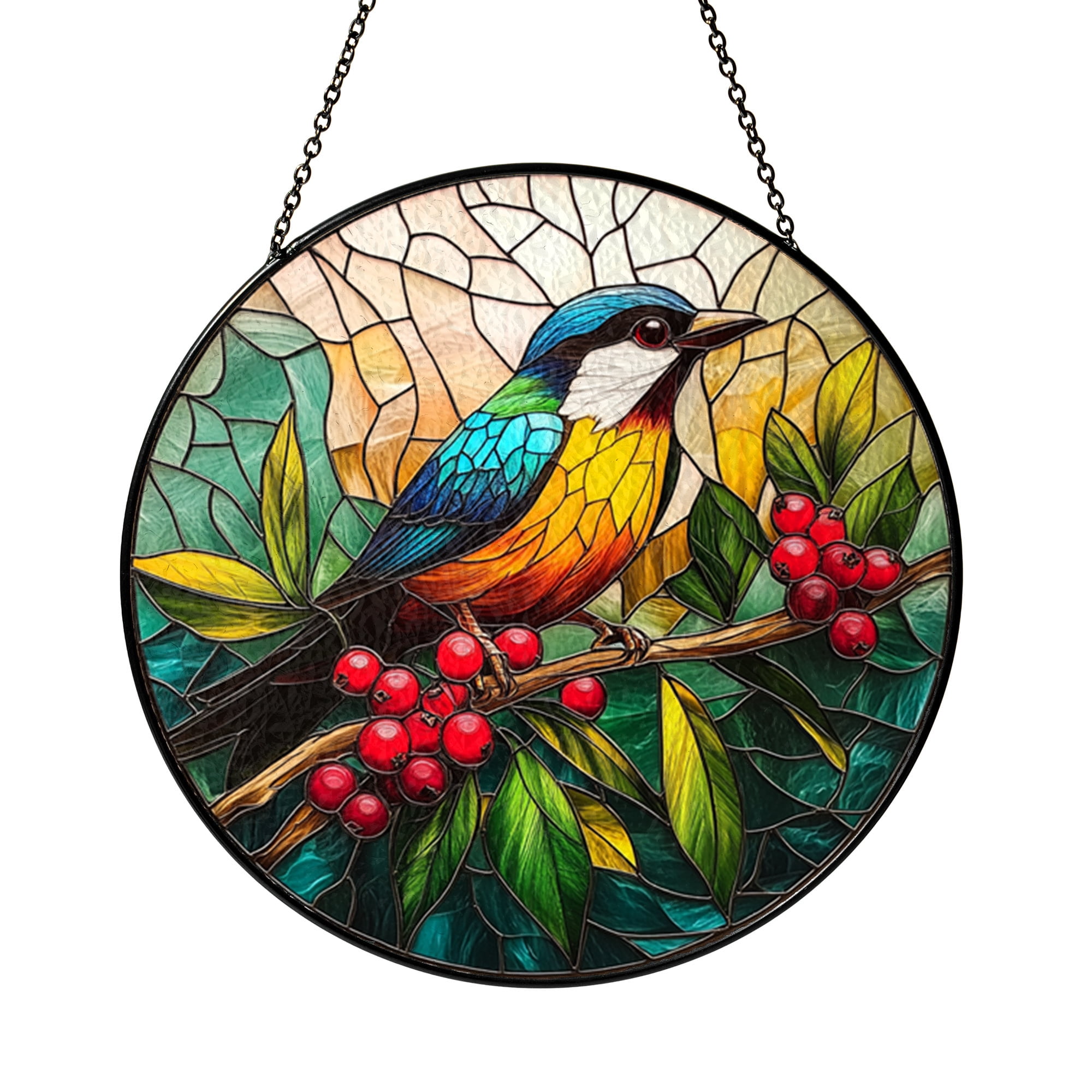 Bird and Berry Stained Glass Suncatcher – Colorful Nature-Inspired ...