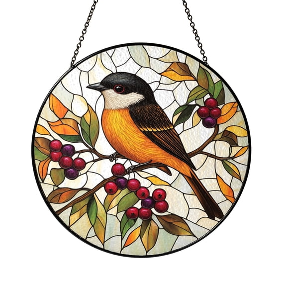 Bird and Berry Stained Glass Suncatcher, Round Window Hanging with ...