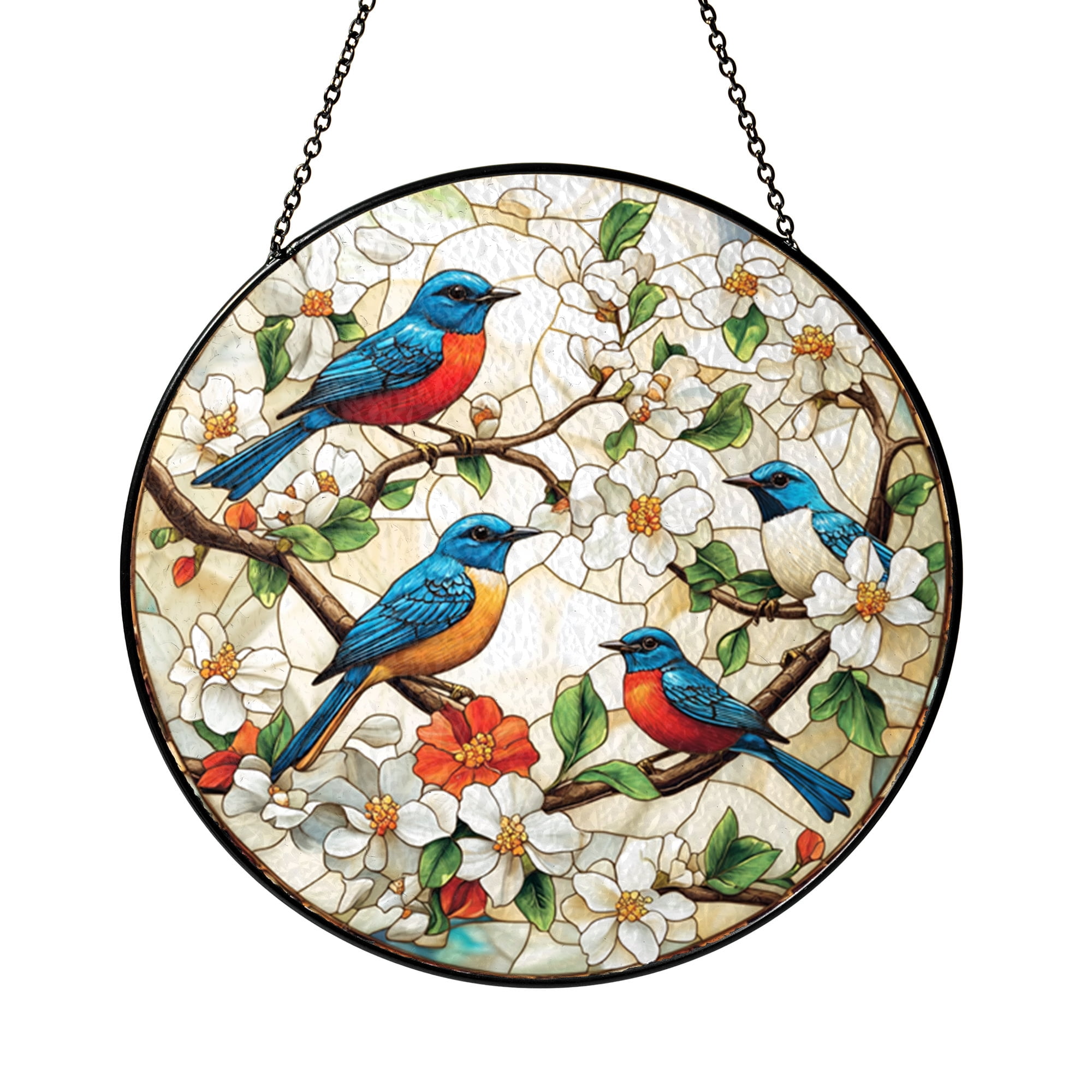 Bird and Floral Wreath Stained Glass Style Suncatcher, Fantasy Window ...