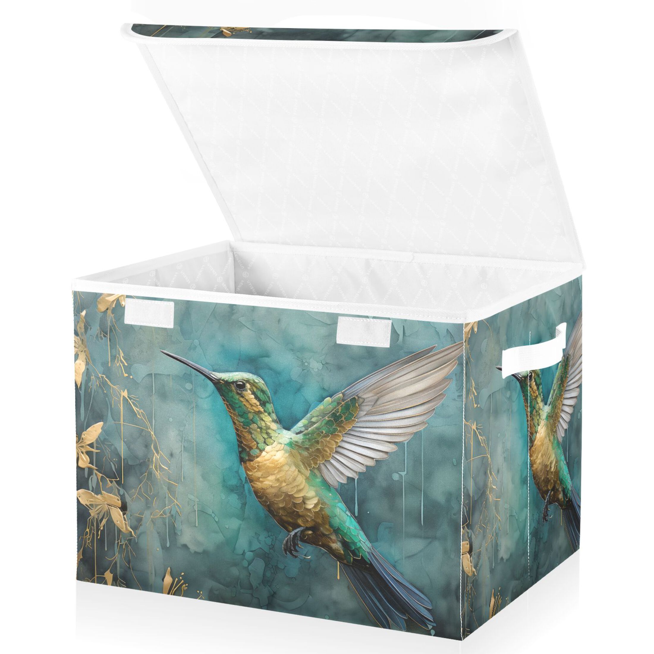 Bird and Flowers Green Large Lidded Bin Foldable Storage Baskets Boxes ...