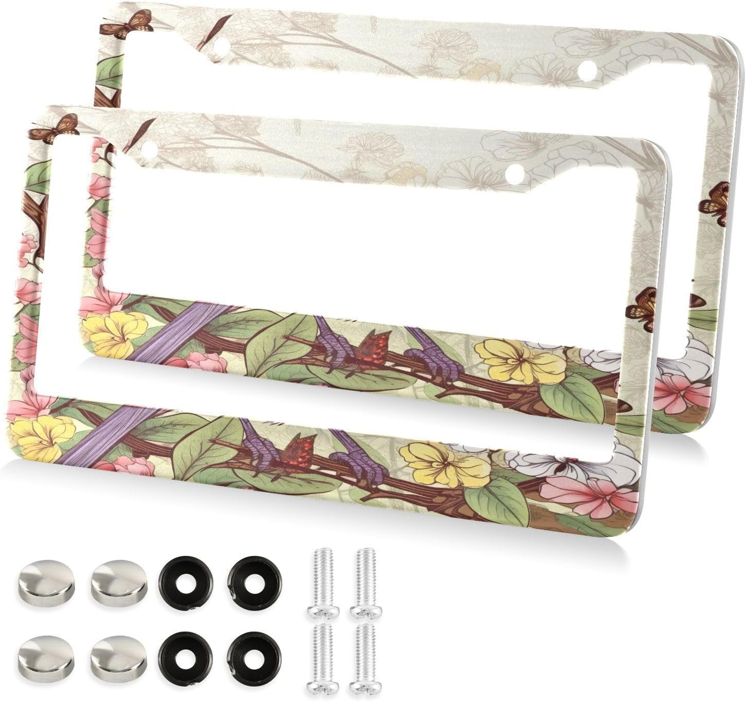Bird and Flowers License Plate Frame, Aluminum Car Tag Frames, 2 Pack ...