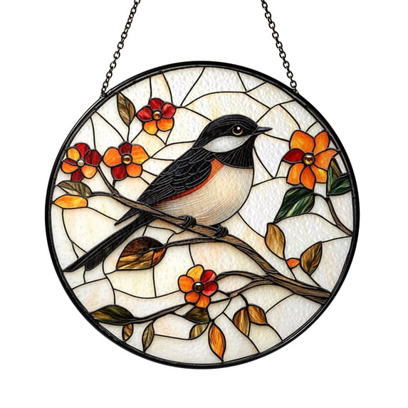 Bird and Red Flower Window Suncatcher Decor, Chickadee Inspired Stained ...