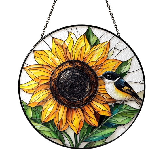 Bird and Sunflower Stained Glass Panel Vibrant Floral Scene Window ...
