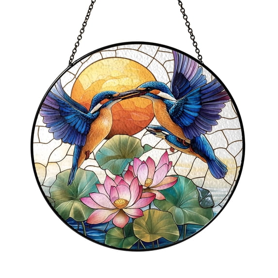 Bird at Lotus Pond Stained Glass Style Suncatcher – Window Hanging Art ...
