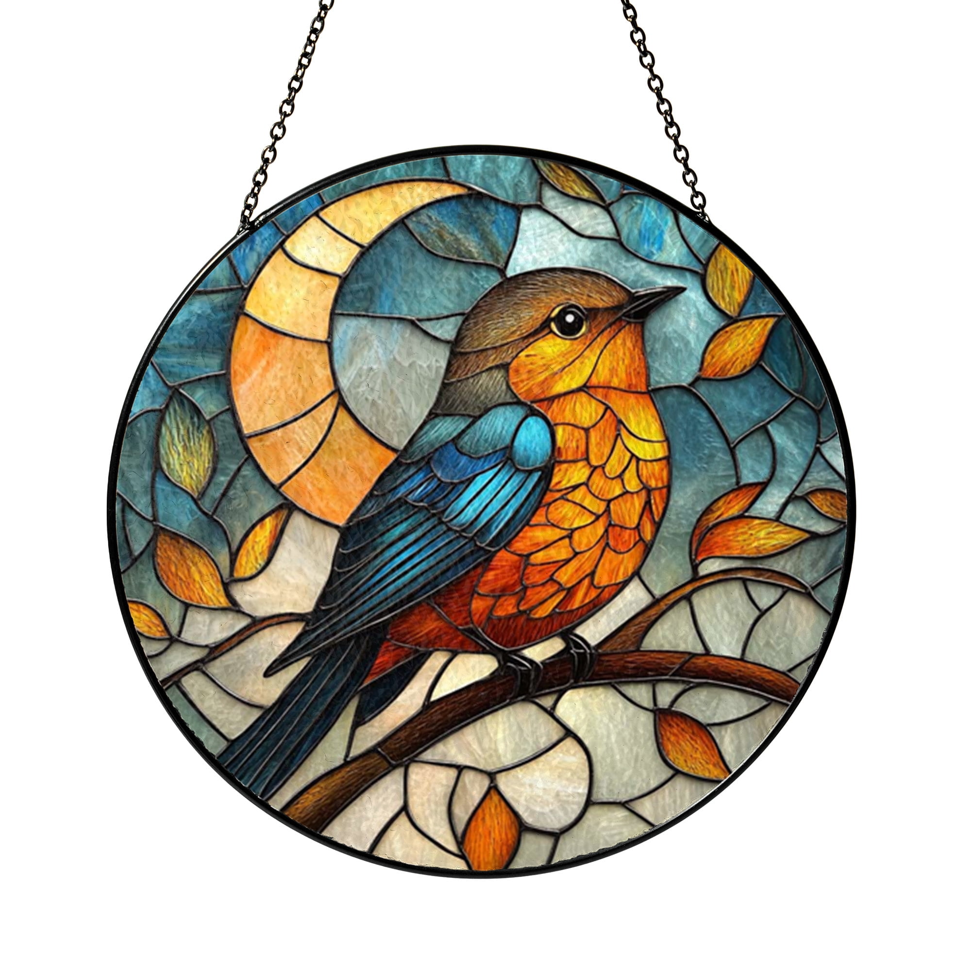 Bird in Moonlit Forest Window Suncatcher – Round Stained Glass Style ...
