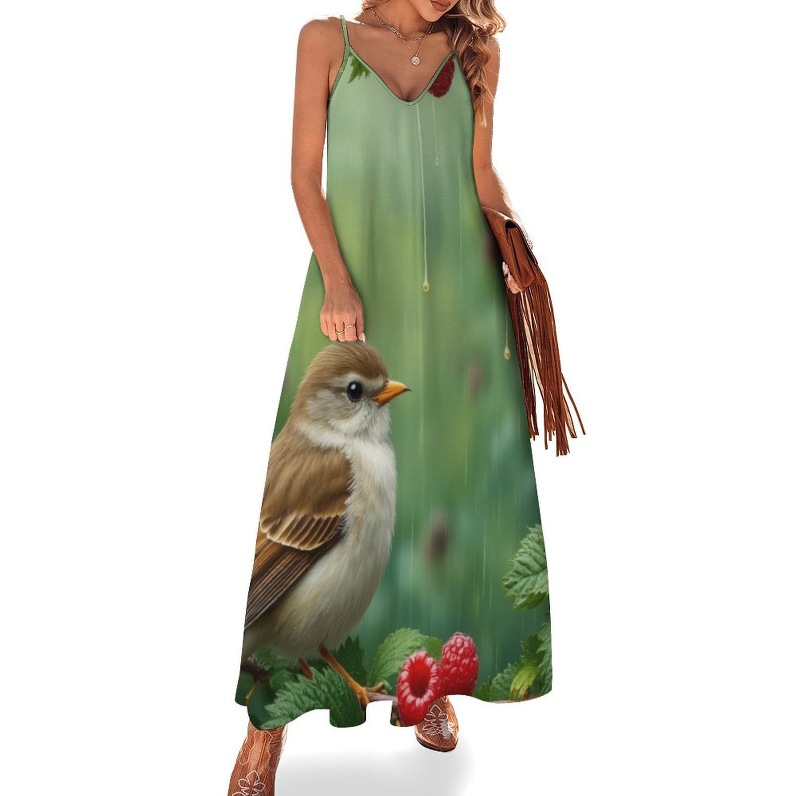 Bird in Rainy Raspberry Garden Design Sleeveless Dress Woman Fashion ...