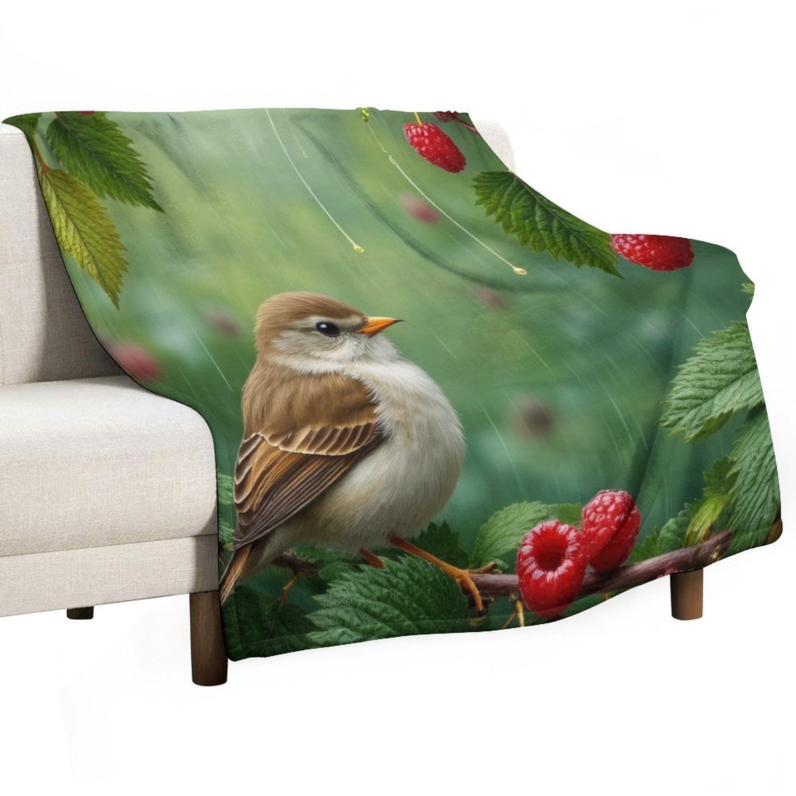 Bird in Rainy Raspberry Garden Throws Blankets for Sofa Bed Winter ...