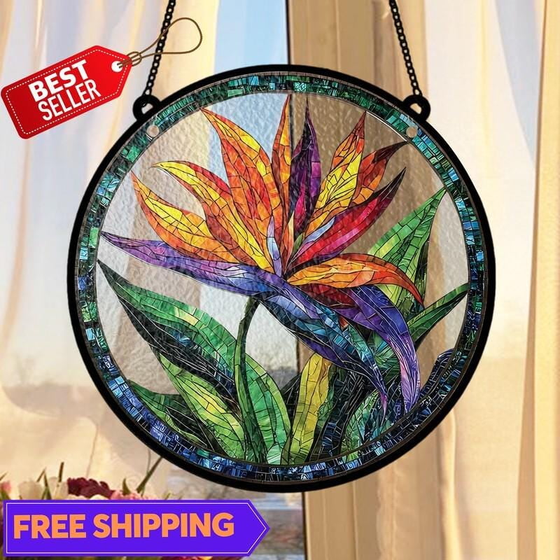 Bird of Paradise Suncatcher, Glass-Effect Round Tropical Window Panel ...