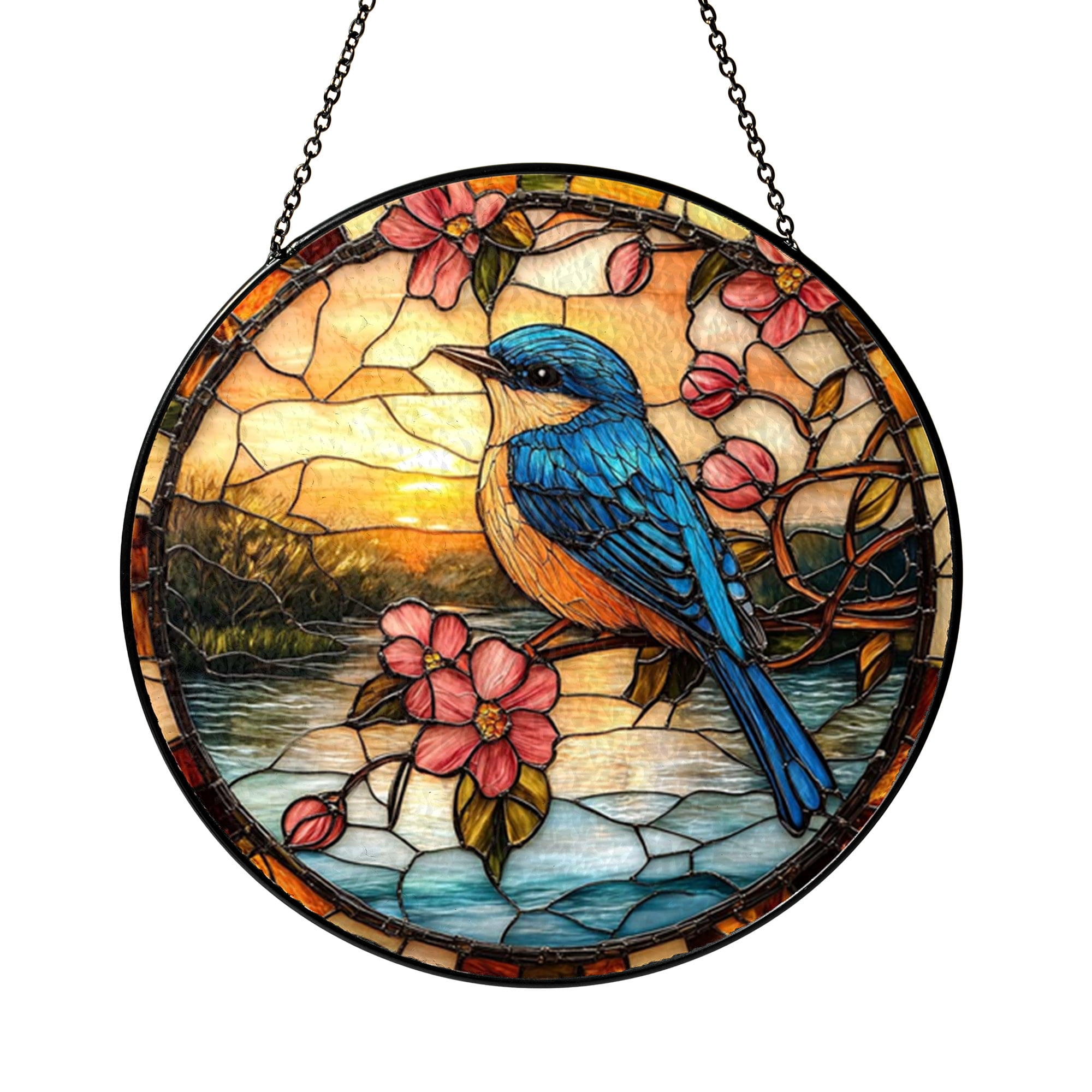 Bird on Branch Glass Suncatcher Window Decor, Blue Bird Sunset Scene ...