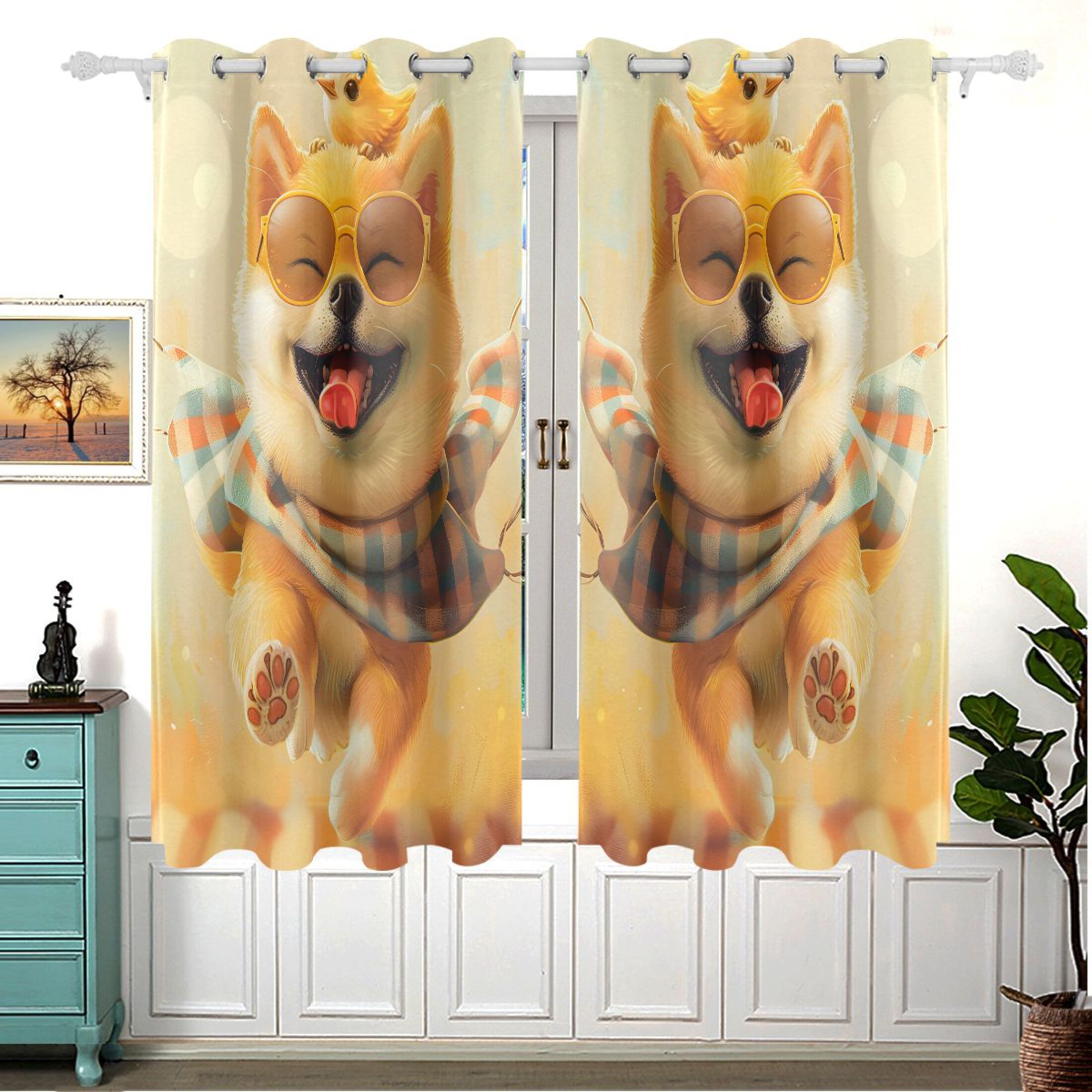 Bird on Cute Dog Head Blackout Curtains 2 Panels Set Grommet Drapes for ...