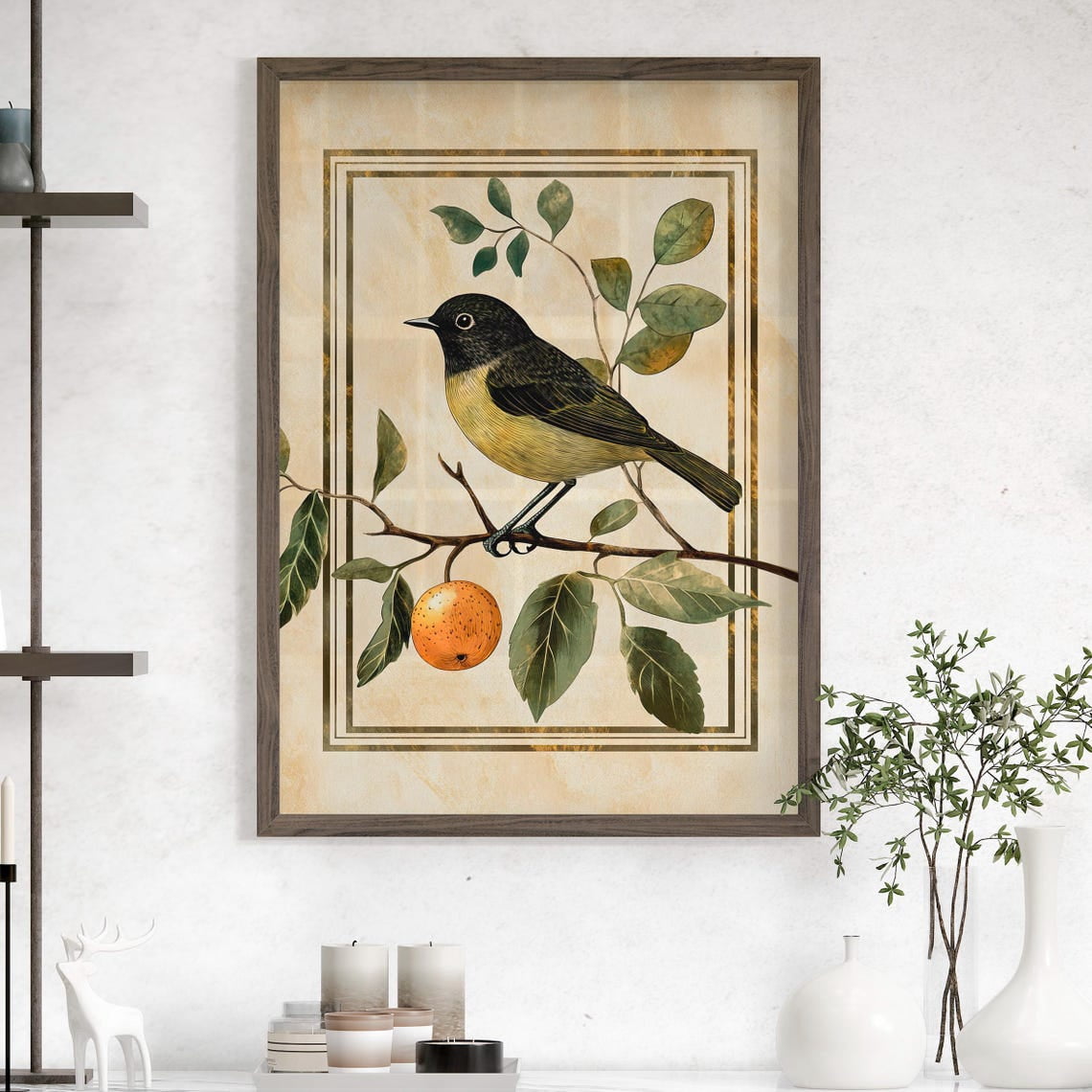 Bird on Tree Branch Vintage Illustration Botanical Spring Cottagecore ...